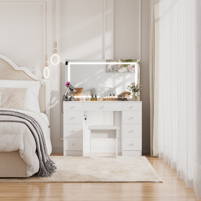 Vanity Set with LED Mirror Power Outlets 9 Drawers with Diamond Handles Wrought Studio Color Pink